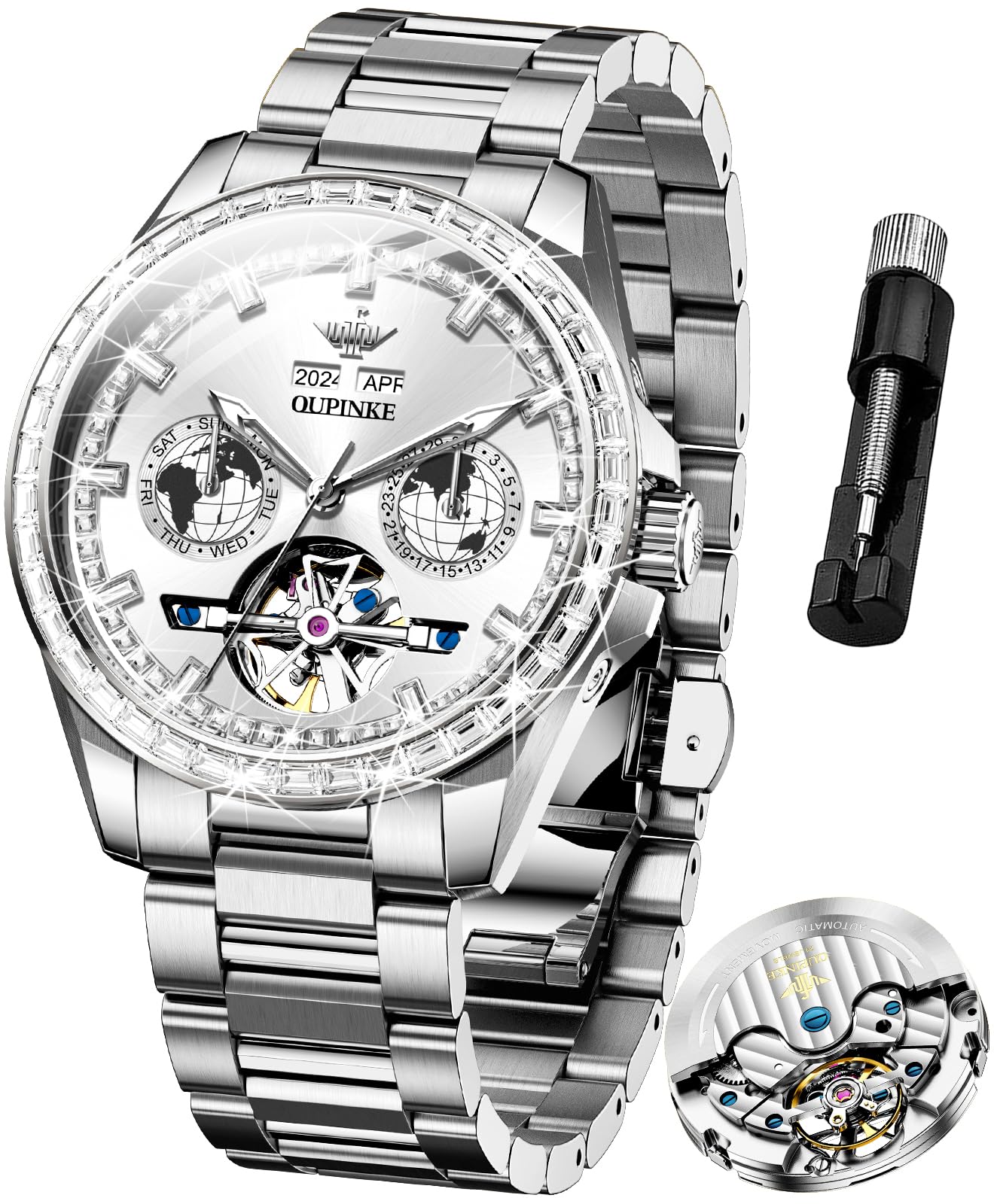 OUPINKE Automatic Men's Watch Diamond Skeleton Self Winding Mechanical ...